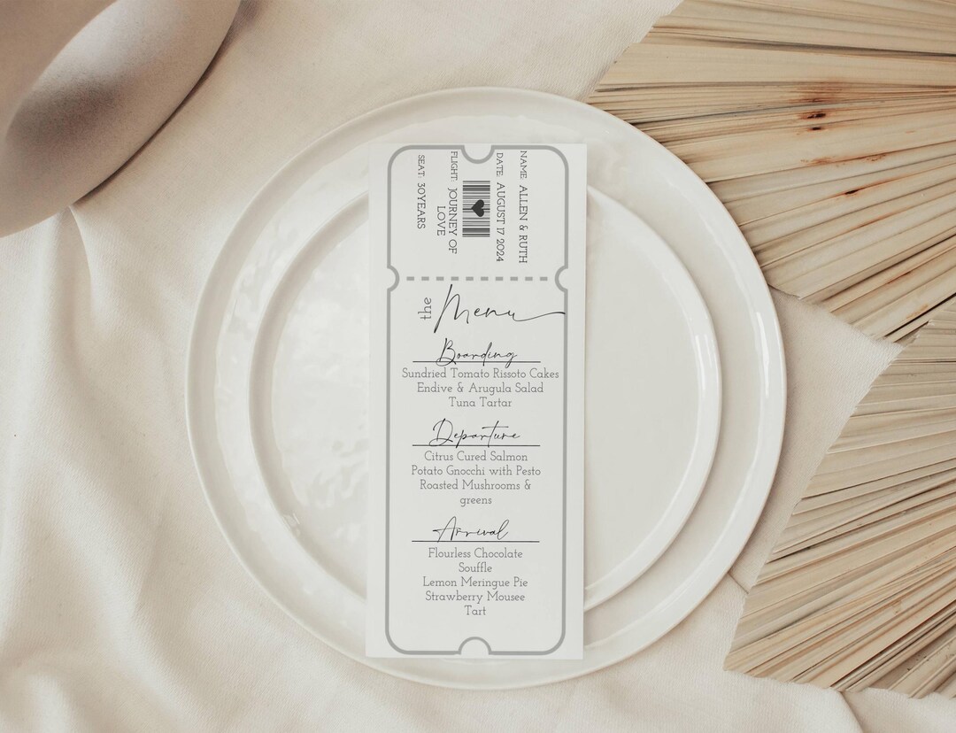 Boarding Pass Menu Card, Place Card, and Food Tent Set Editable ...