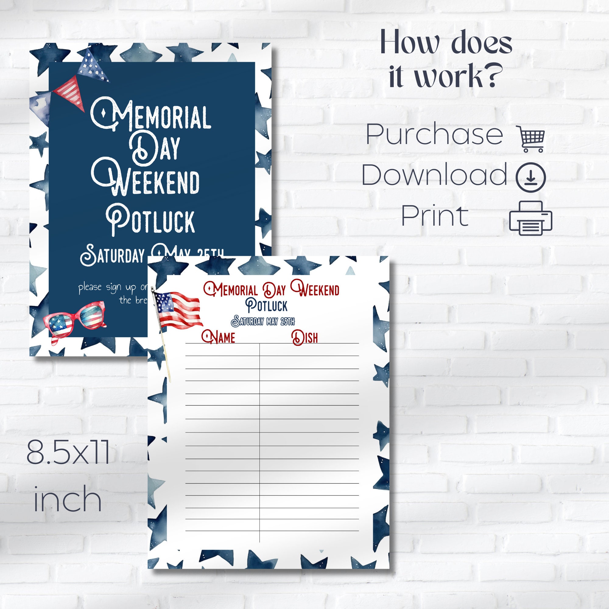 Memorial Day Potluck Sign up Poster | Watercolor USA Theme | Editable ...