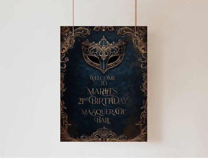 Editable Masquerade Ball Welcome Sign: Navy Blue & Gold (digital ...