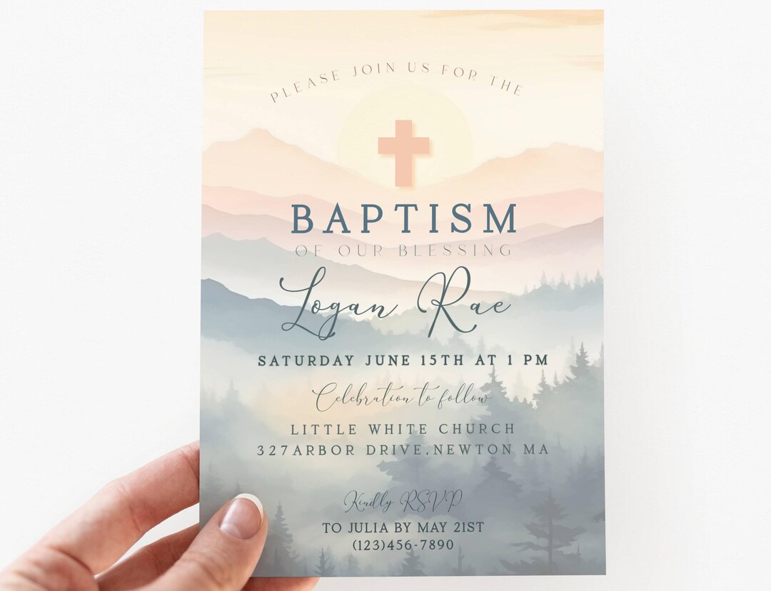 Modern Baptism Invitation | Mountain Sunset Watercolor | Christening ...