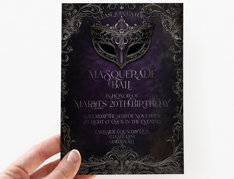 Elegant Masquerade Party Invitation: Purple & Silver Mask Ball ...