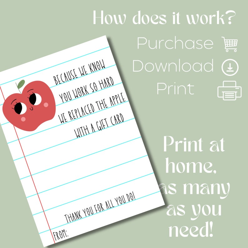 Teacher Appreciation Gift Card Holder: Printable Apple Thank You Card ...