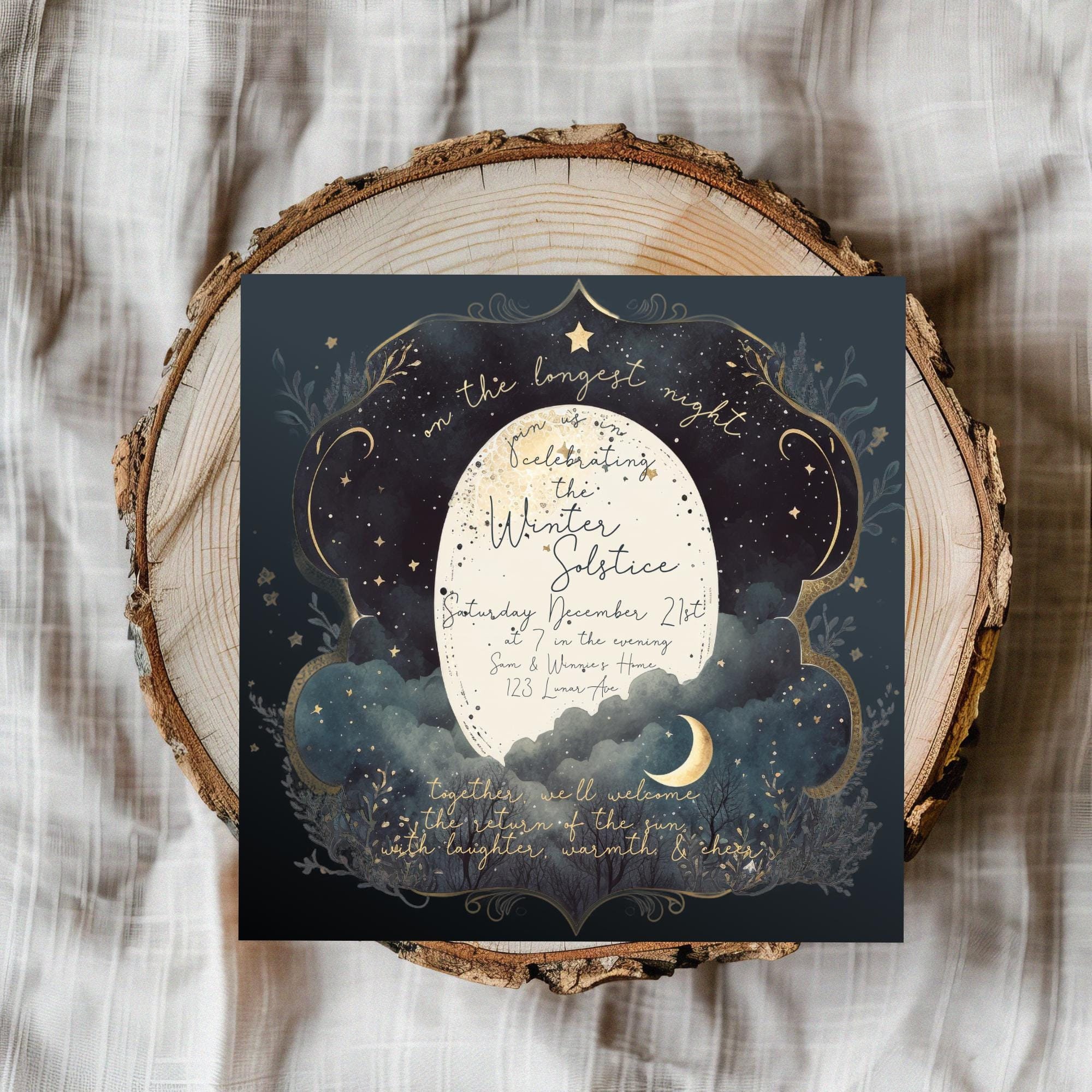 Winter Solstice Party Invitation: Moon & Stars, Editable Template ...