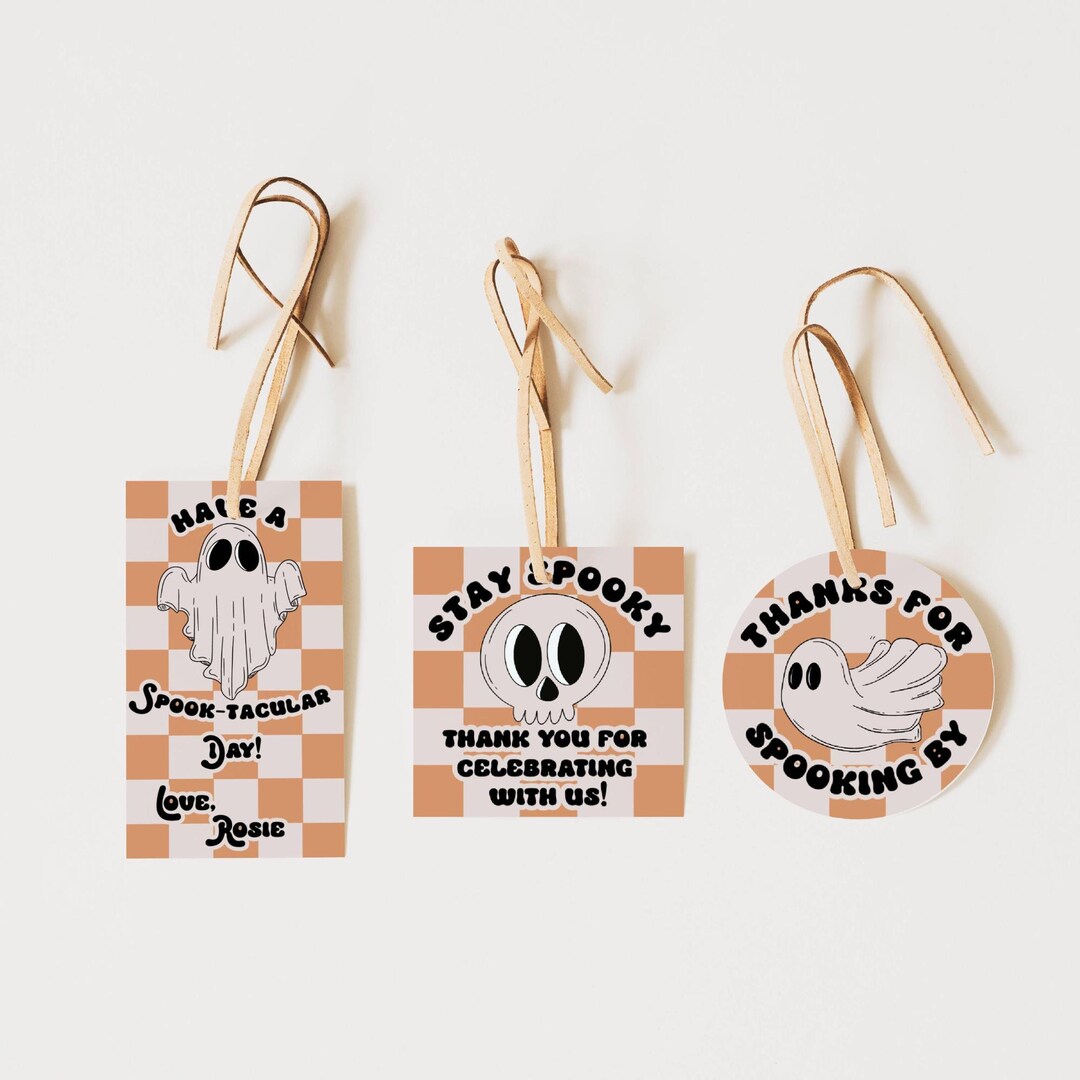 Retro Halloween Thank You Tags: Ghost, Skull, Checkerboard (editable ...