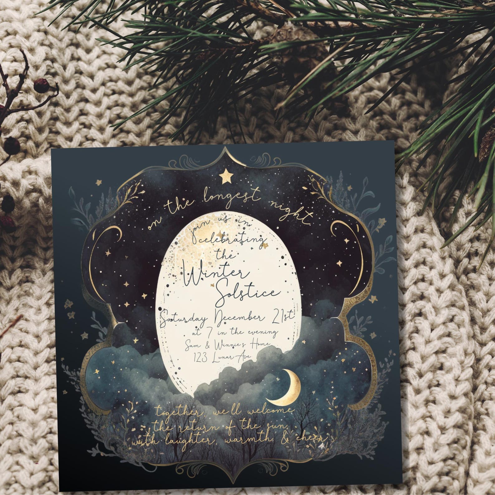 Winter Solstice Party Invitation: Moon & Stars, Editable Template ...