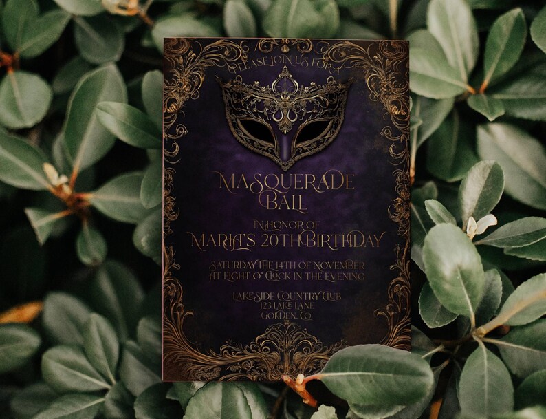 Masquerade Party Invitation Editable Template | Deep Purple and Gold ...