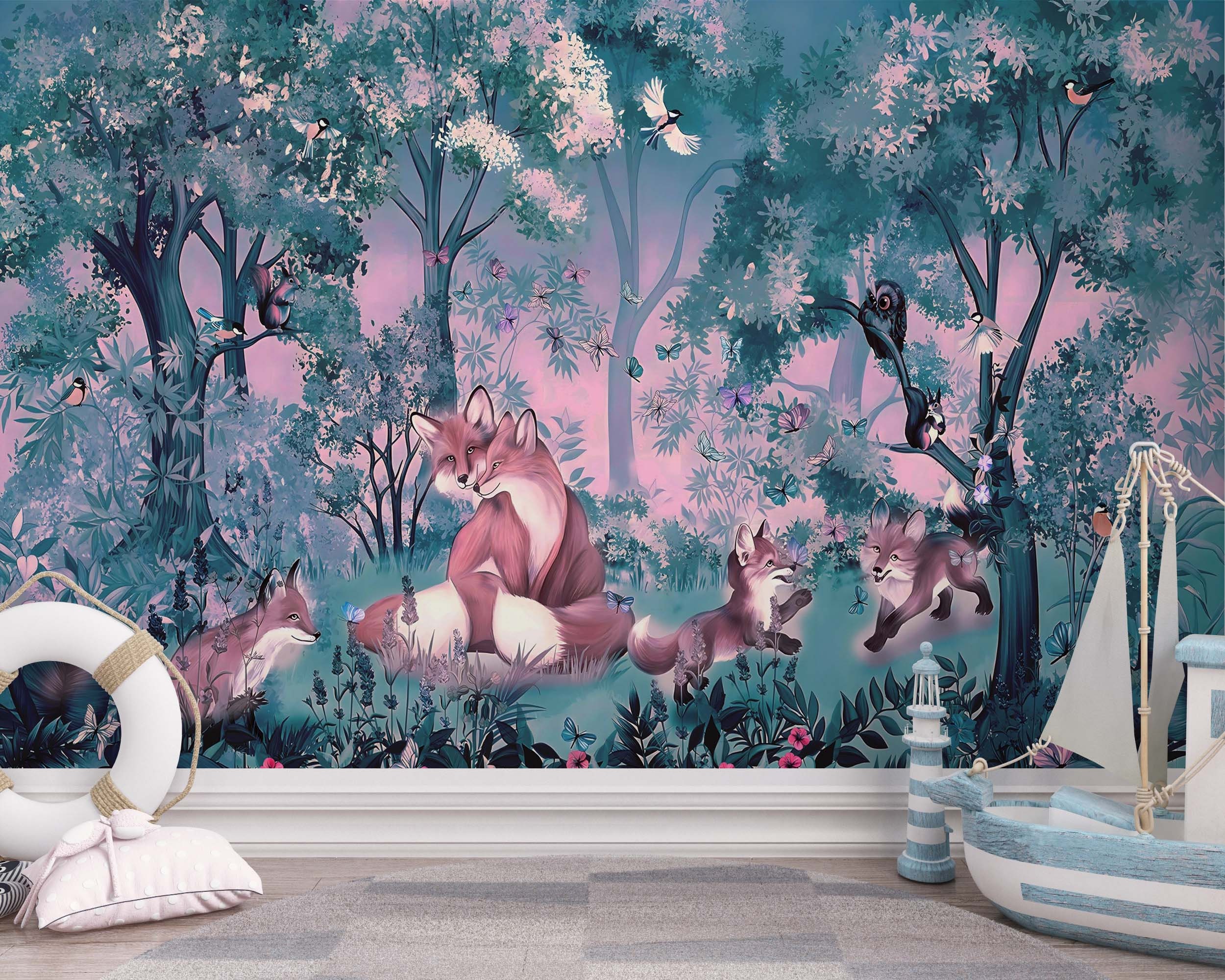 Forest Animals Mural ,watercolor Forest Landscape ,sweet Dreamy ...