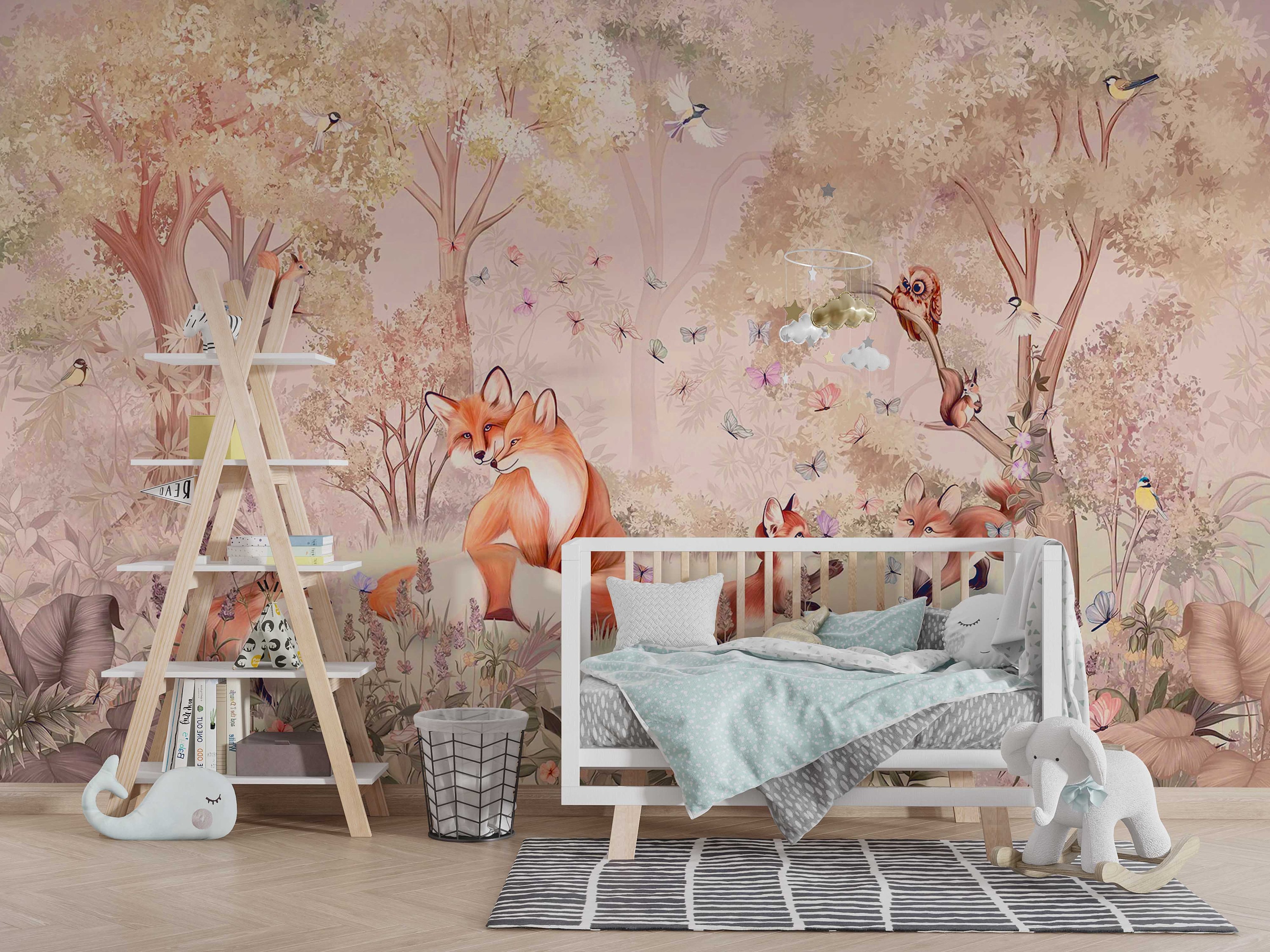 Pink Forest Animals Mural ,watercolor Forest Landscape ,sweet Dreamy ...