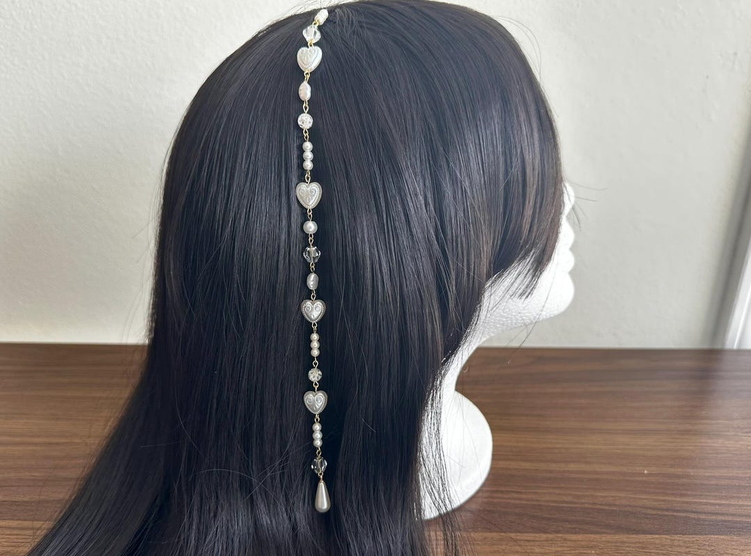 White Heart & Pearl Hair Chain, Crystal Hairpiece, Valentine’s Day ...