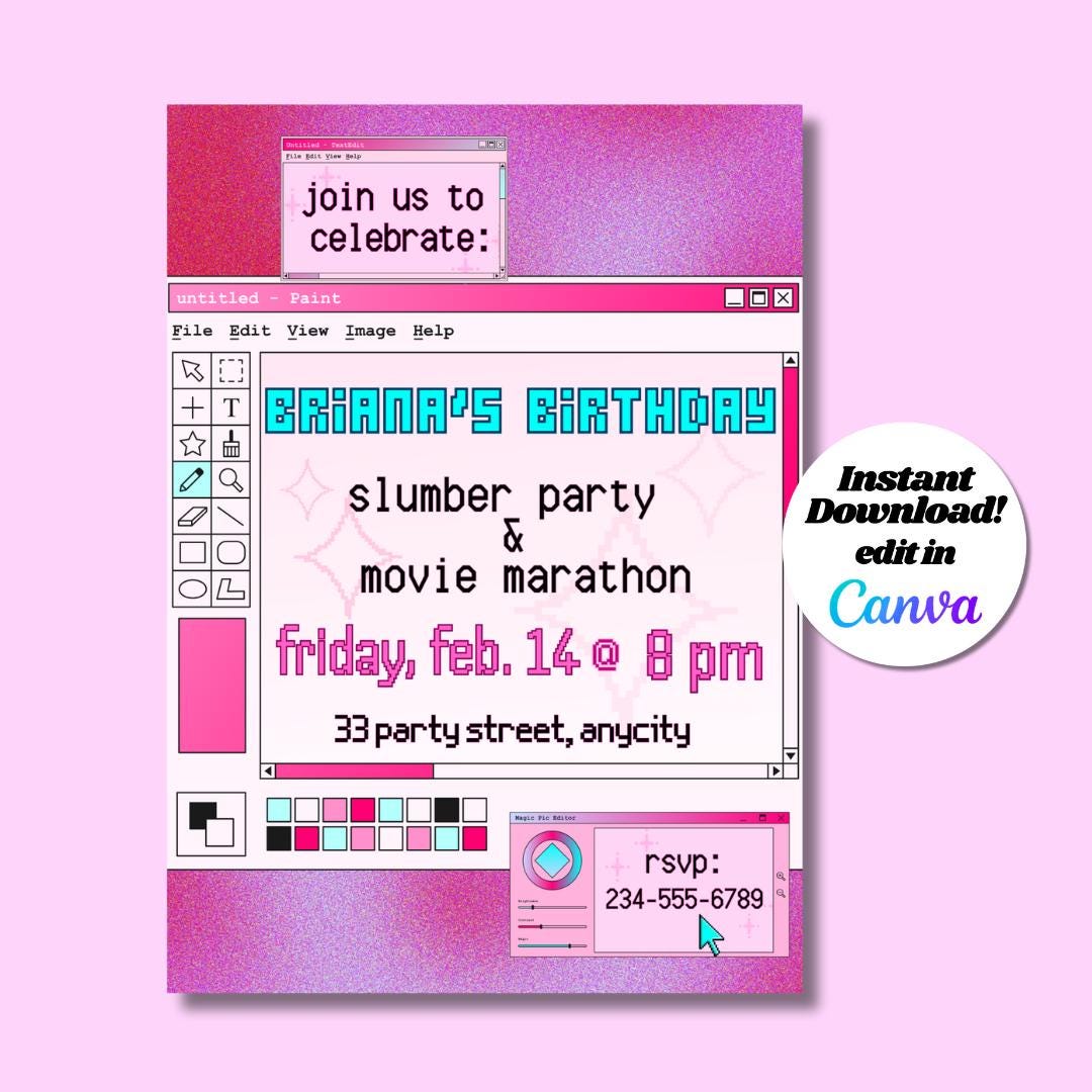 Pink Y2k Slumber Party Invite, 2000s Birthday, Canva Editable Template ...