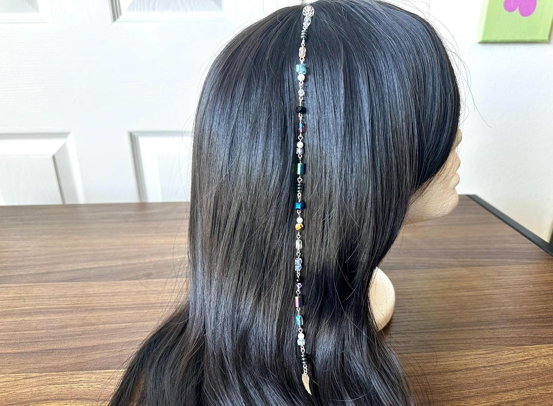 Silver Hair Chain W Iridescent, Crystal, and Faux Pearl Beads, Unique ...