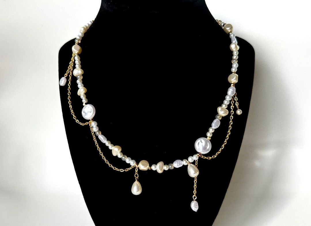Dainty Pearl Beaded Necklace, Gold Cable Chain, Costume Jewelry ...
