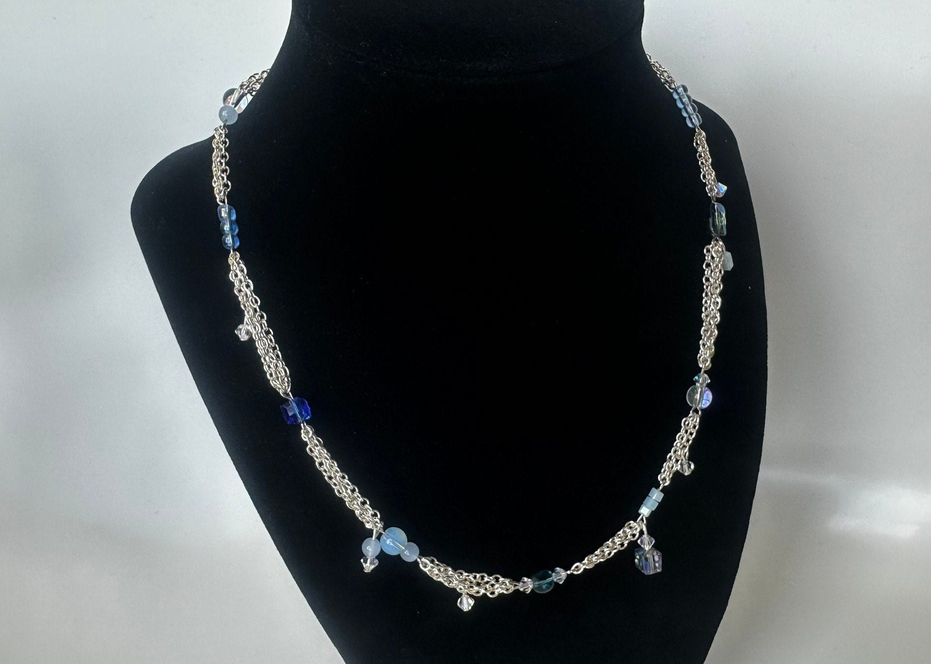 Silver Chain Necklace, Blue Crystal Necklace, Blue Pearl Necklace ...