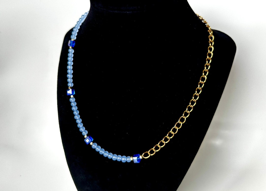 Blue Pearl Gold Half Chain Necklace, Costume Jewelry, Blue Gem Necklace ...