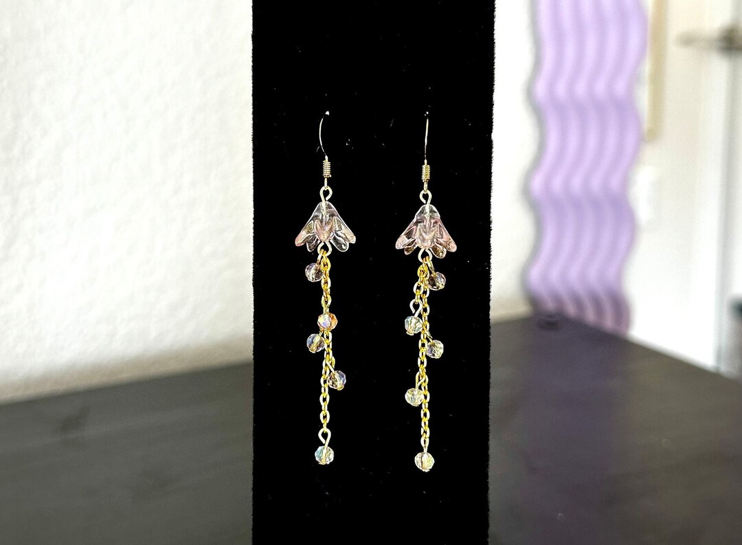 Pink Flower and Crystal Bead Dangle Earrings, Floral, Fairycore ...
