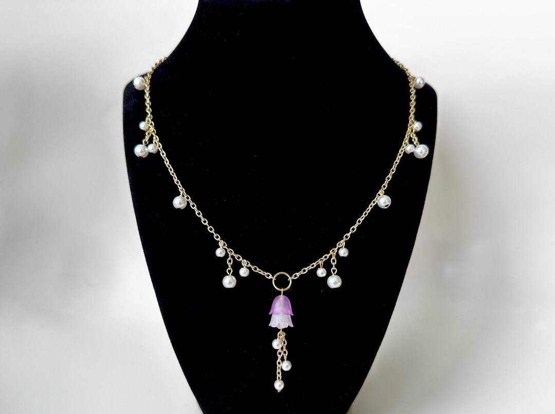 Purple Lily of the Valley Necklace W Pearls, Fairycore Gold Chain ...