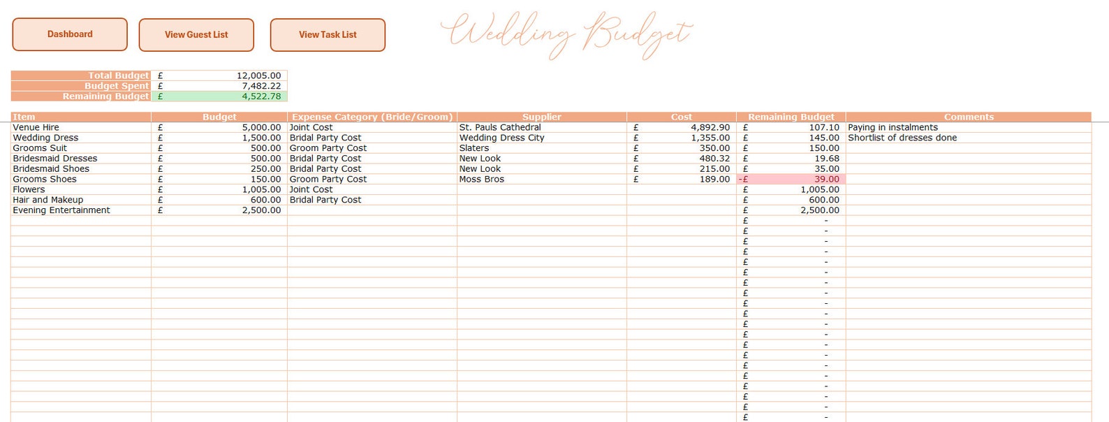 Wedding Planner Excel Template - Etsy Canada