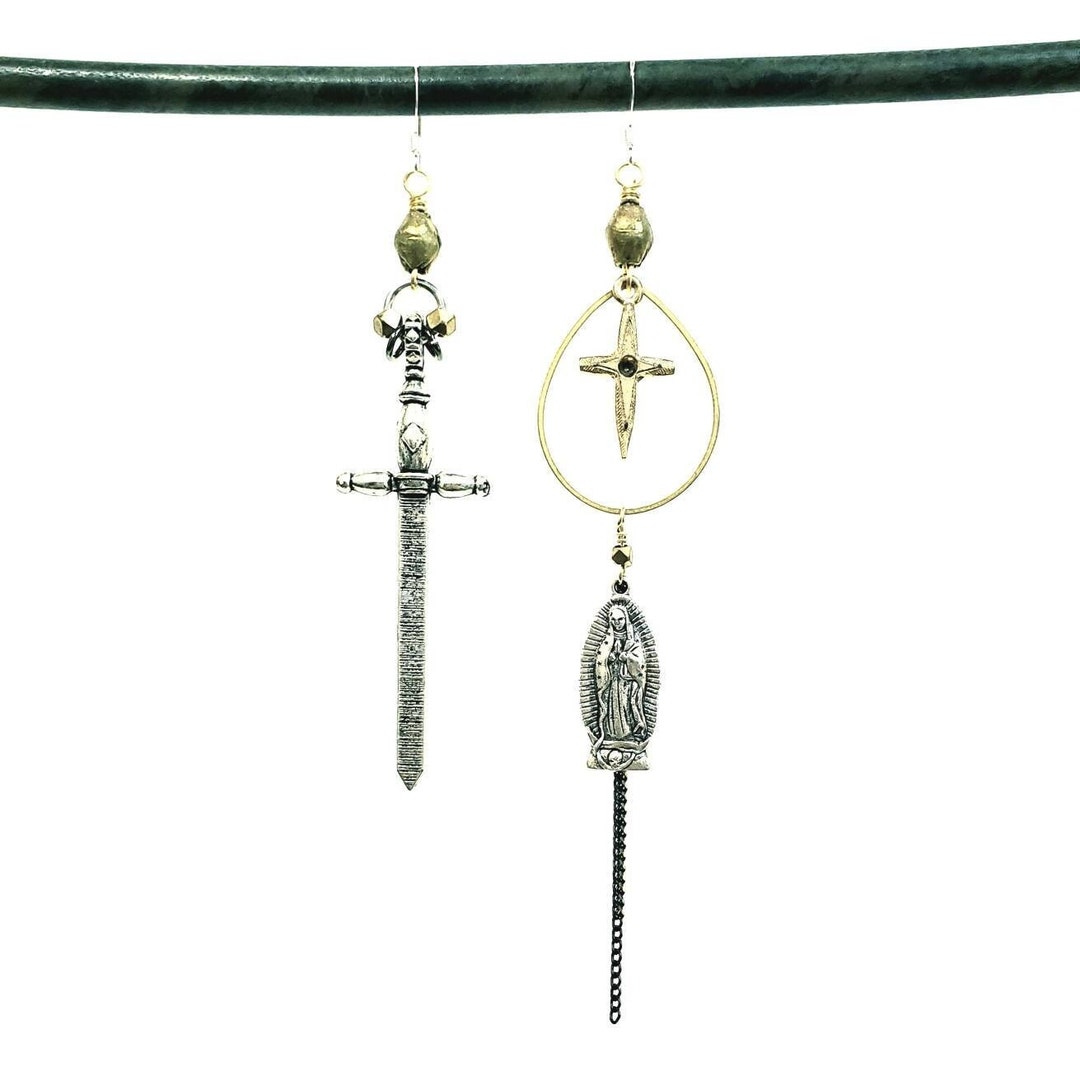 Medieval Maven Sword and Cross Asymmetrical Earrings, Mismatched Sword ...