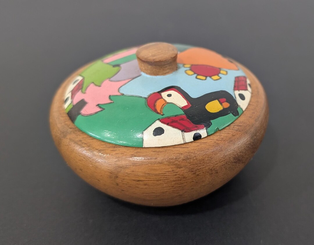 Vintage La Palma Folk Art Trinket Box: Hand-painted Bird & Sheep - Etsy