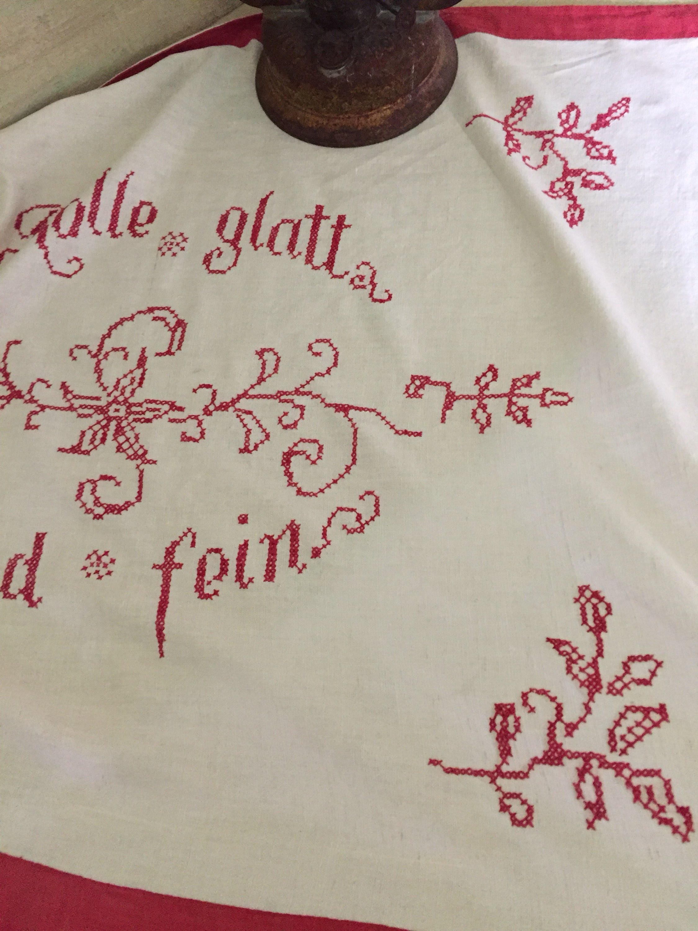 Vintage Linen Redwork German Cross Stitch Handmade Red Trimmed Linen ...