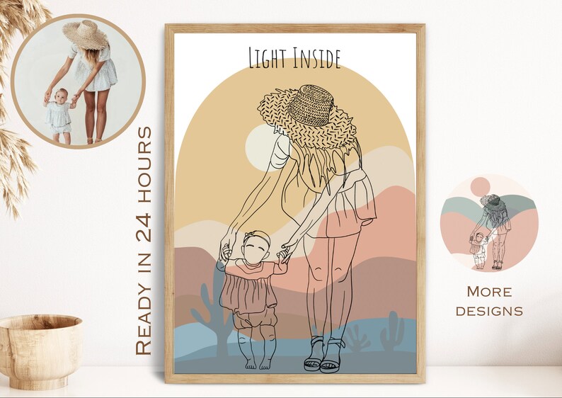 Faceless Family Portrait From Photo Oneline Mom and Child Drawing ...