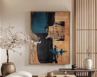 Wabi Sabi Wall Art / Japandi Design / Minimalist Painting / Beige and Dark Blue Abstract Art ...