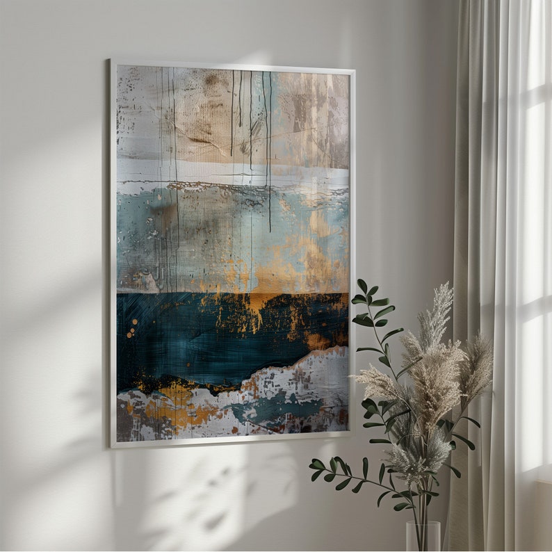 Wabi Sabi Wall Art / Japandi Design / Minimalist Painting / Beige, Blue and Gold Abstract Art ...