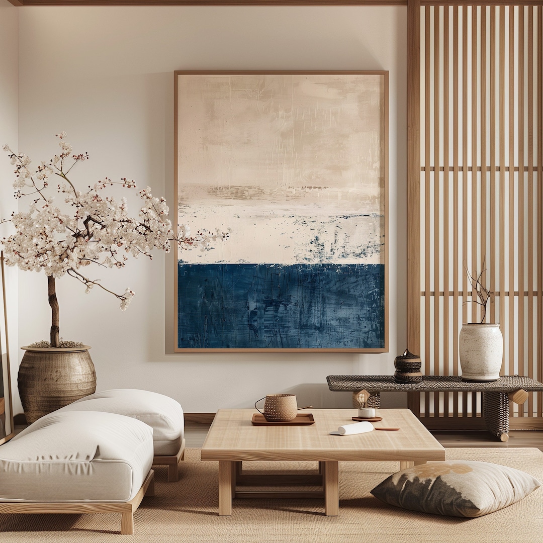 Wabi Sabi Wall Art / Japandi Design / Minimalist Painting / Beige and Dark Blue Abstract Art ...