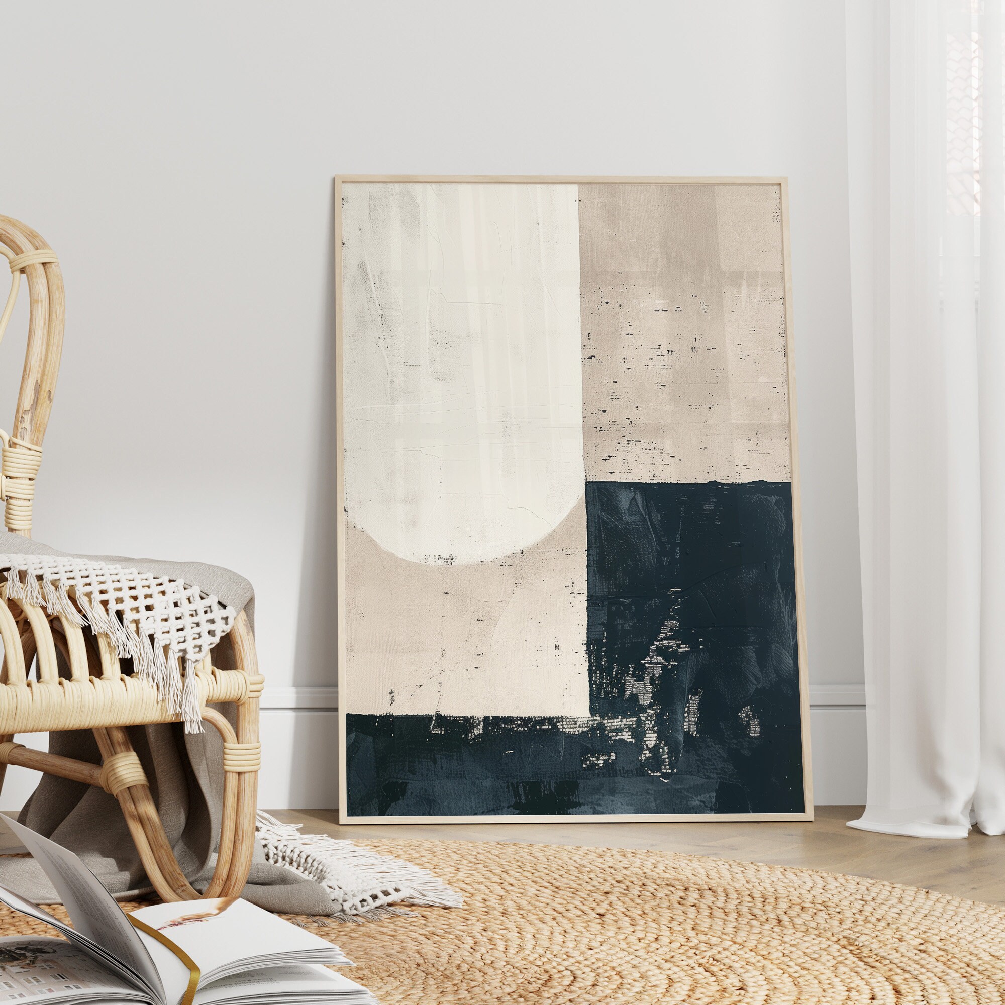 Wabi Sabi Wall Art / Japandi Design / Minimalist Painting / Beige and Dark Blue Abstract Art ...