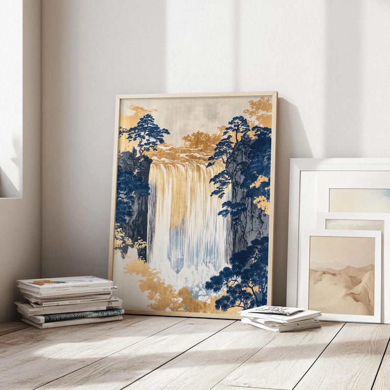 Ukiyo-e Wall Art / Hokusai Style / Waterfall / Japanese Art / Gold and ...