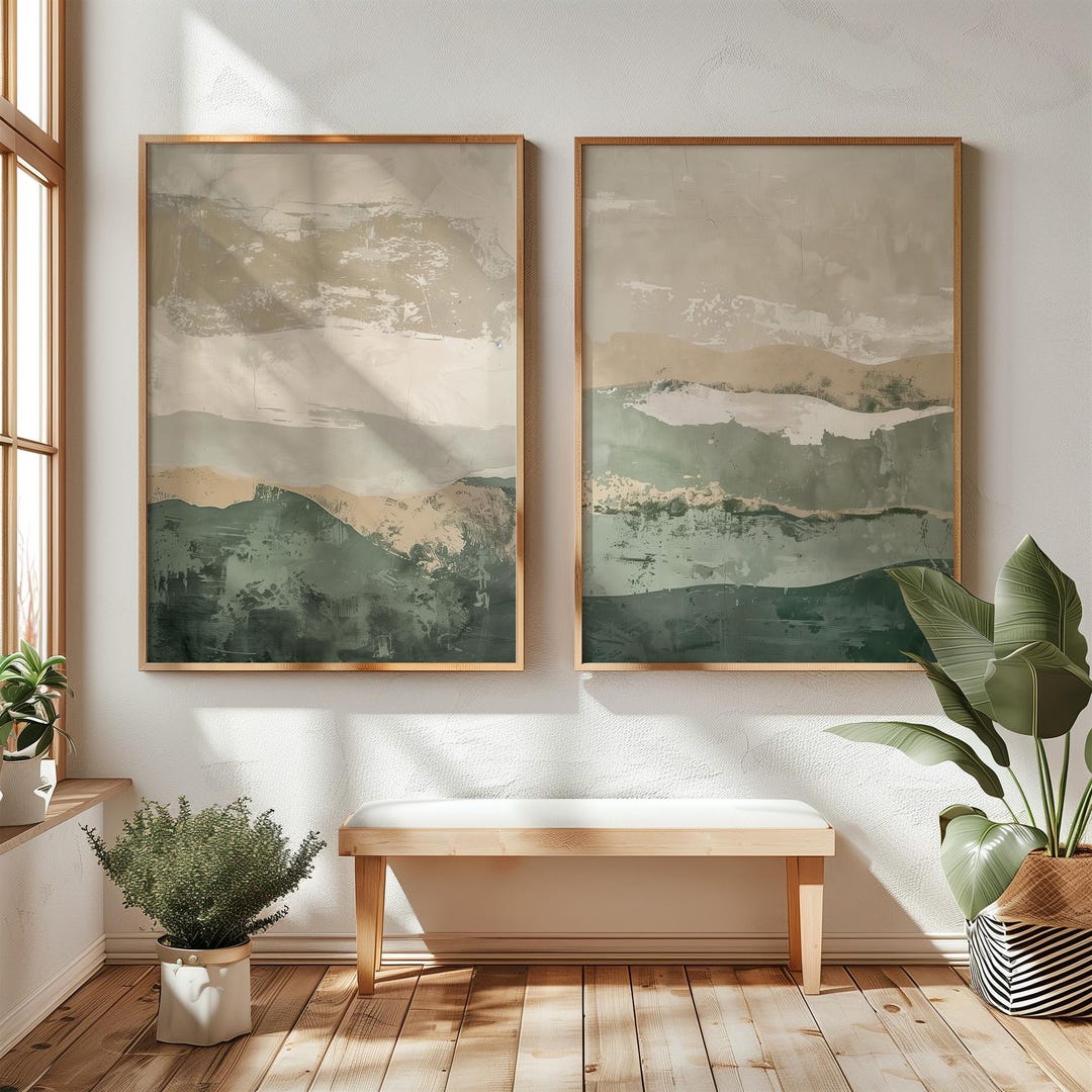 Wabi Sabi Abstract Wall Art / Japandi Design / Set of 2 Art/ Green Wall ...