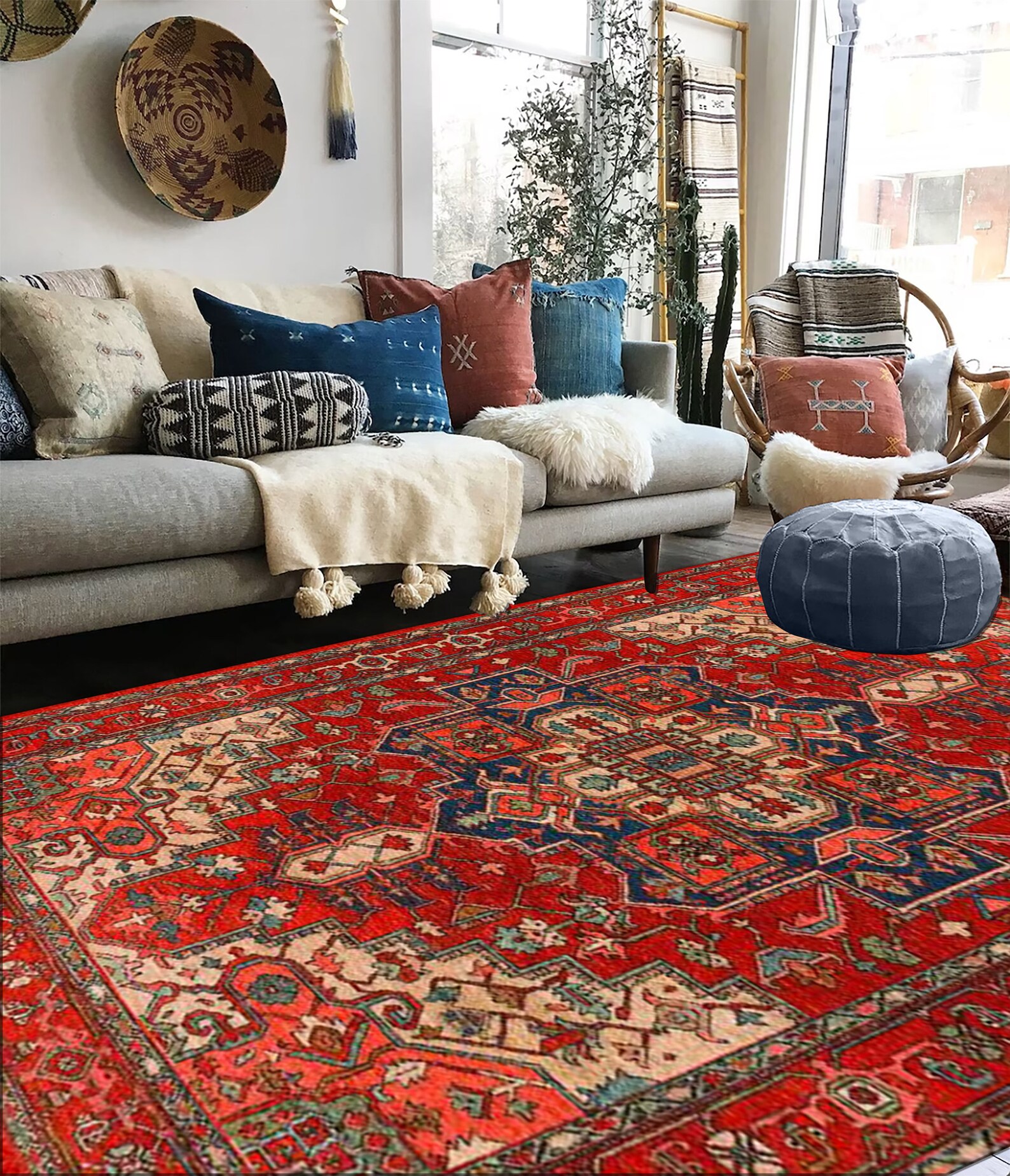 Customized Vintage Style Red Rug, Rugs for Living Room, Washable Rug ...