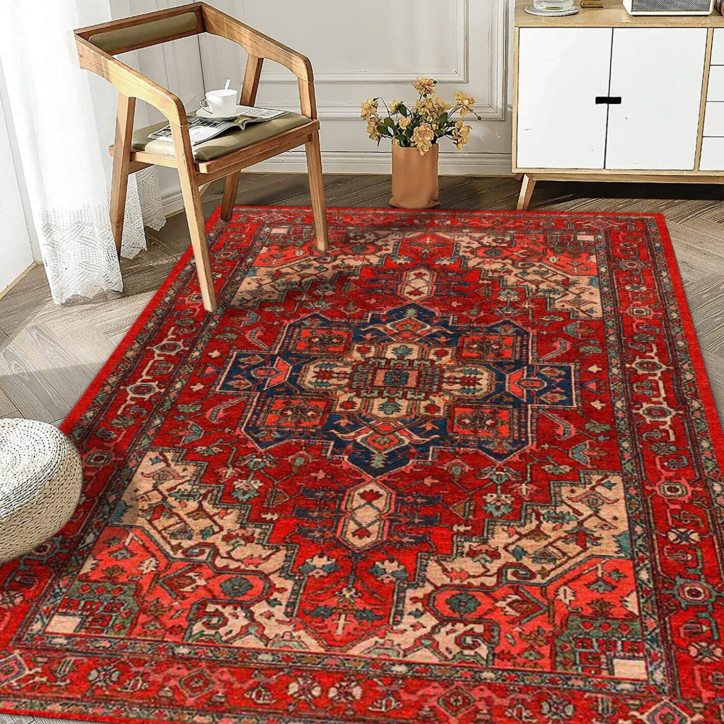 Customized Vintage Style Red Rug, Rugs for Living Room, Washable Rug ...
