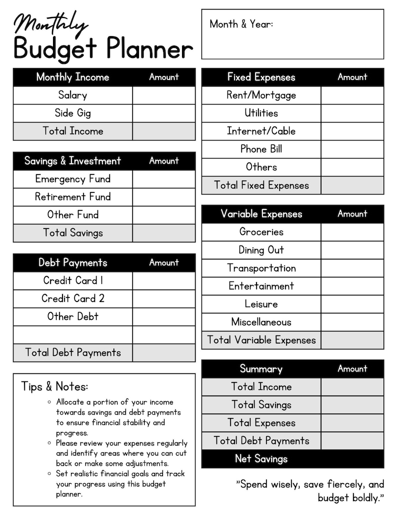 Printable Monthly Budget Planner - Etsy
