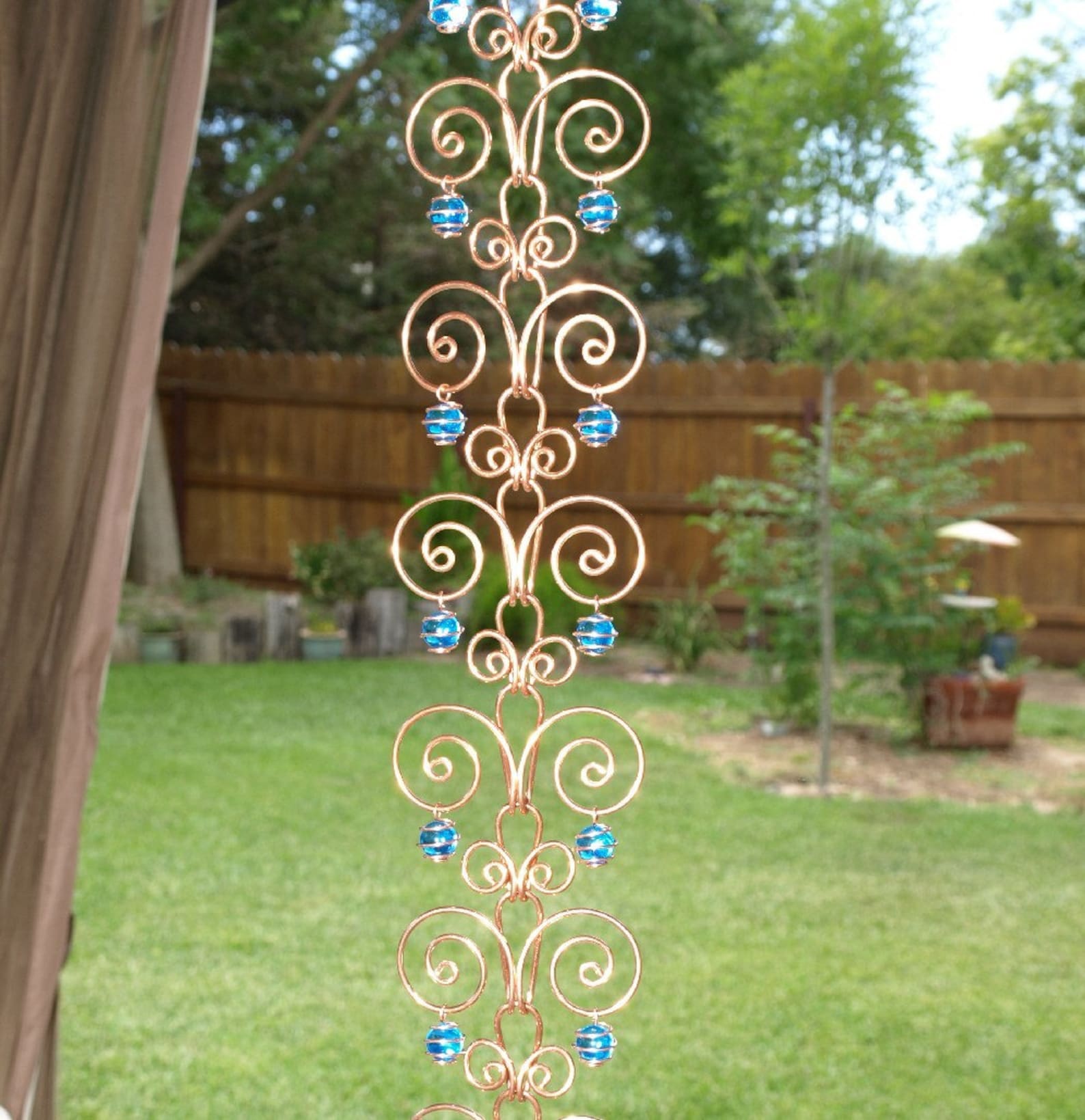 8 Ft Solid Copper Suncatcher Swirl Rain Chain Handcrafted Kusari Doi ...