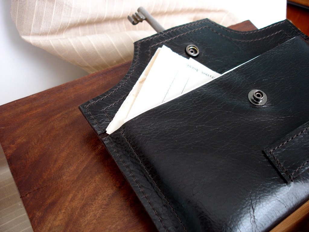 Dark Brown or Black Leather Checkbook Wallet With Antique Key - Etsy