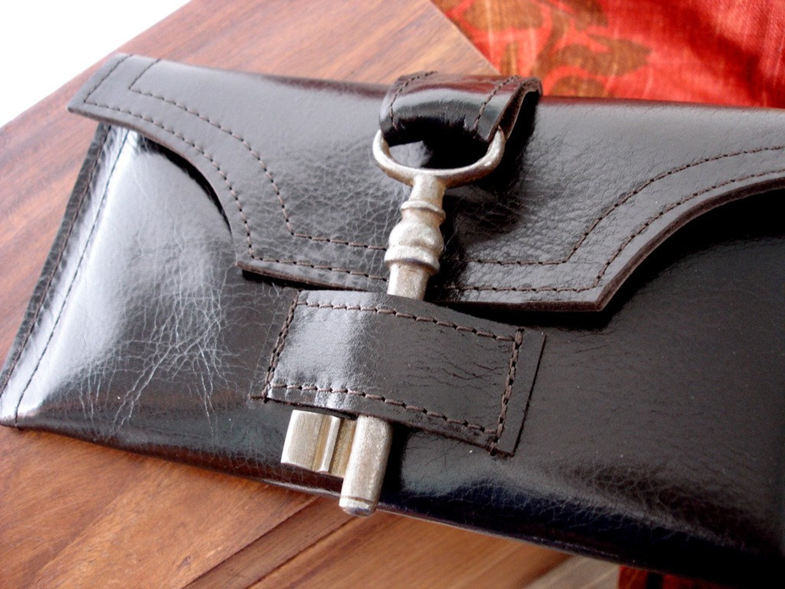 Dark Brown or Black Leather Checkbook Wallet With Antique Key - Etsy