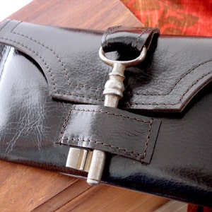 Dark Brown or Black Leather Checkbook Wallet With Antique Key - Etsy