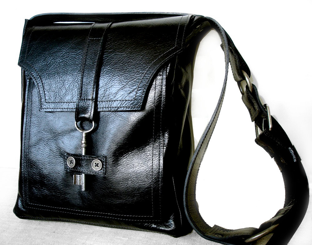 Black Leather Messenger With Antique Key Unisex Deluxe - Etsy