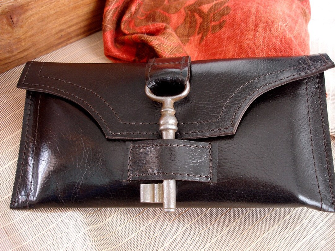 Dark Brown or Black Leather Checkbook Wallet With Antique Key - Etsy
