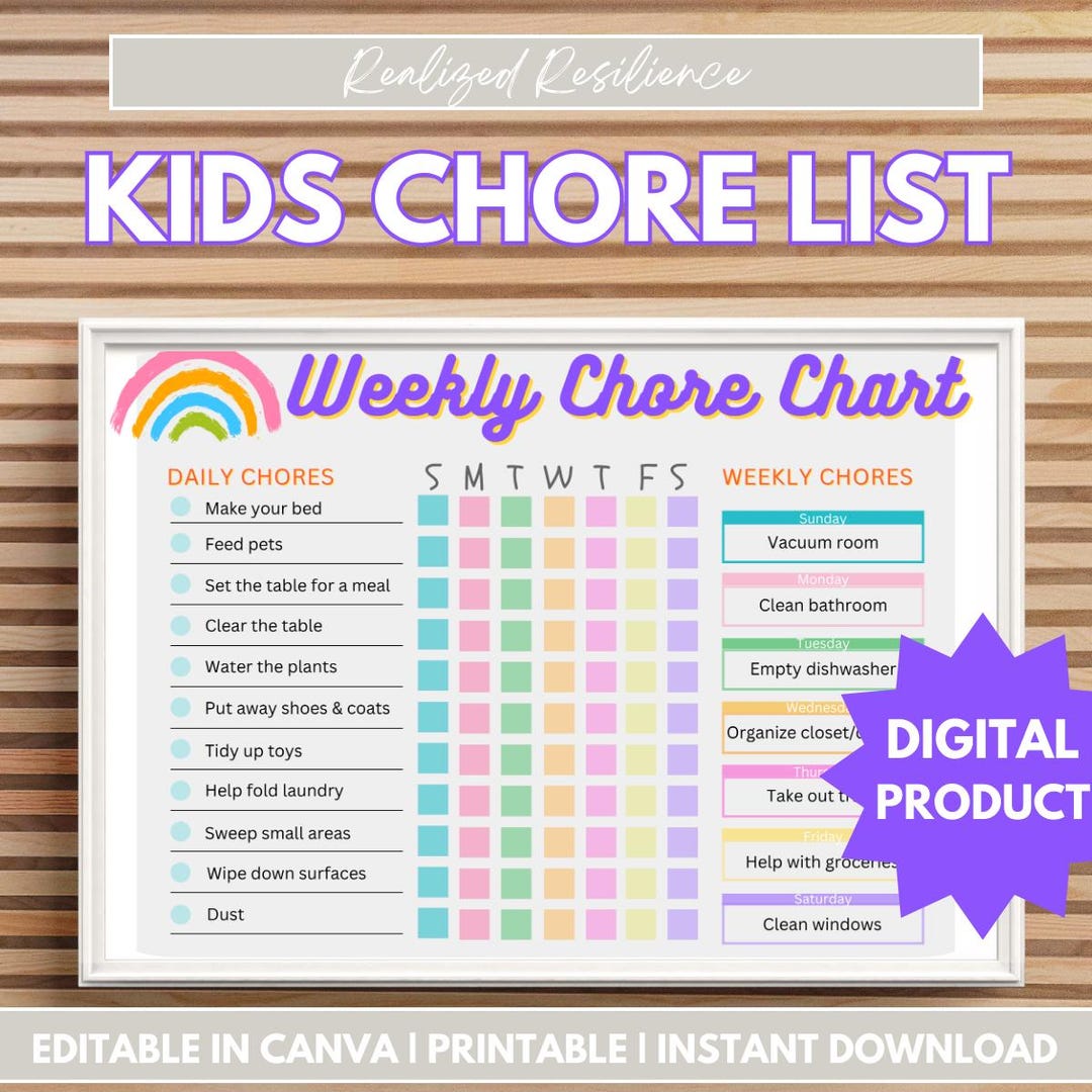 Editable Chore Chart for Kids Printable Kids Daily Weekly ...