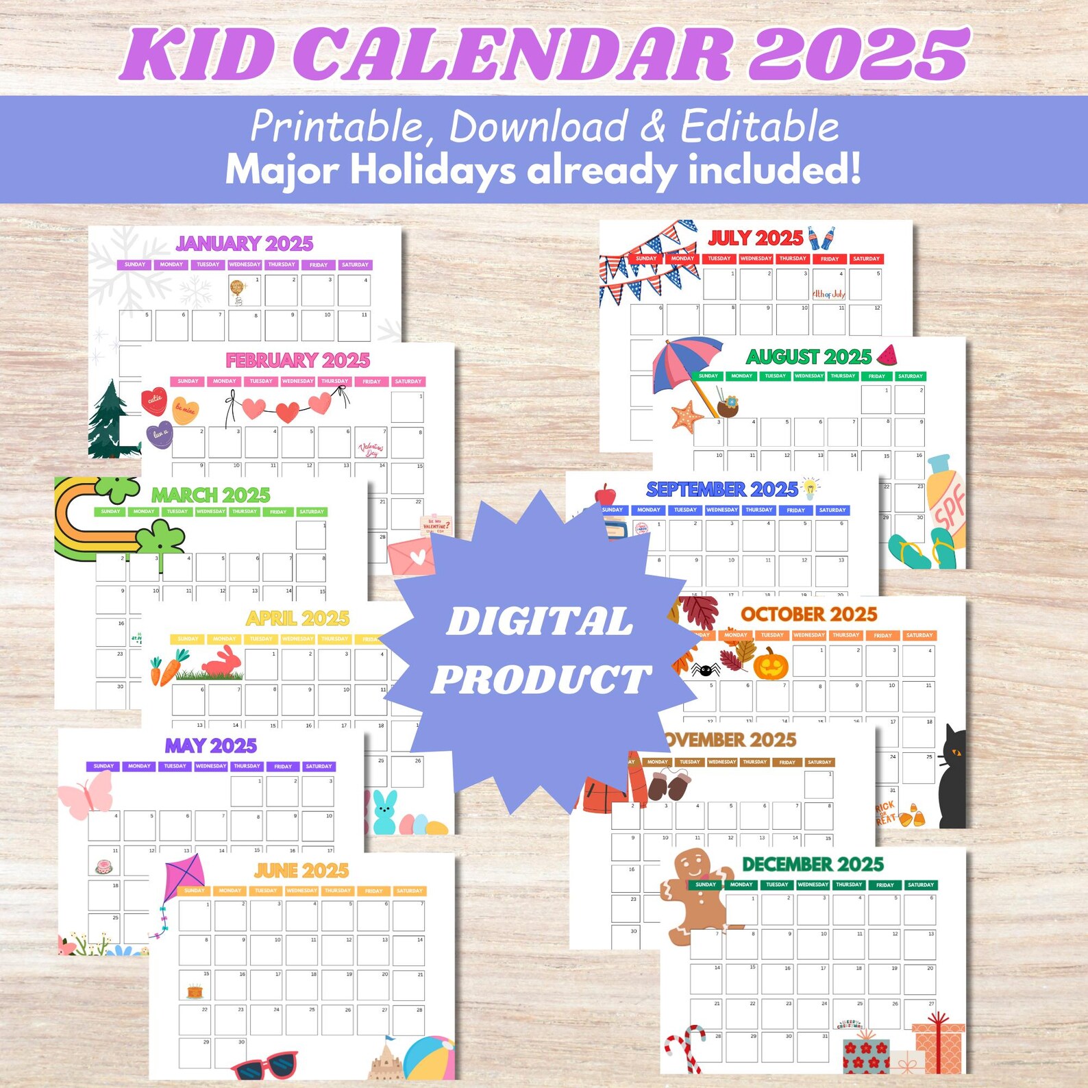 2025 Calendar Printable, Cute Kids Calendar 2025, Wall Calendar PDF ...