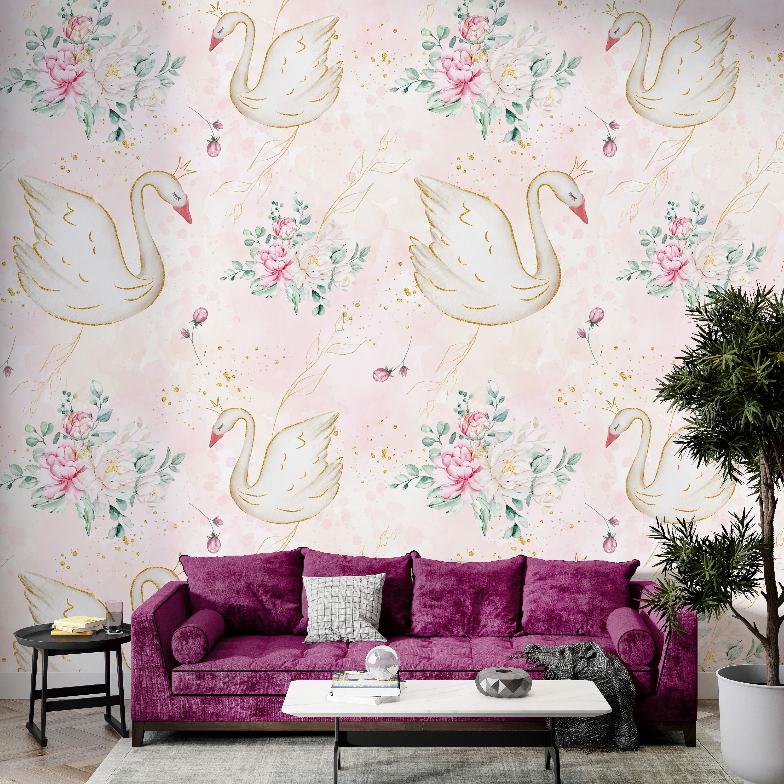 Swans Wallpaper for Living Room Gold Glitter Detailed Wallpaper Bedroom ...