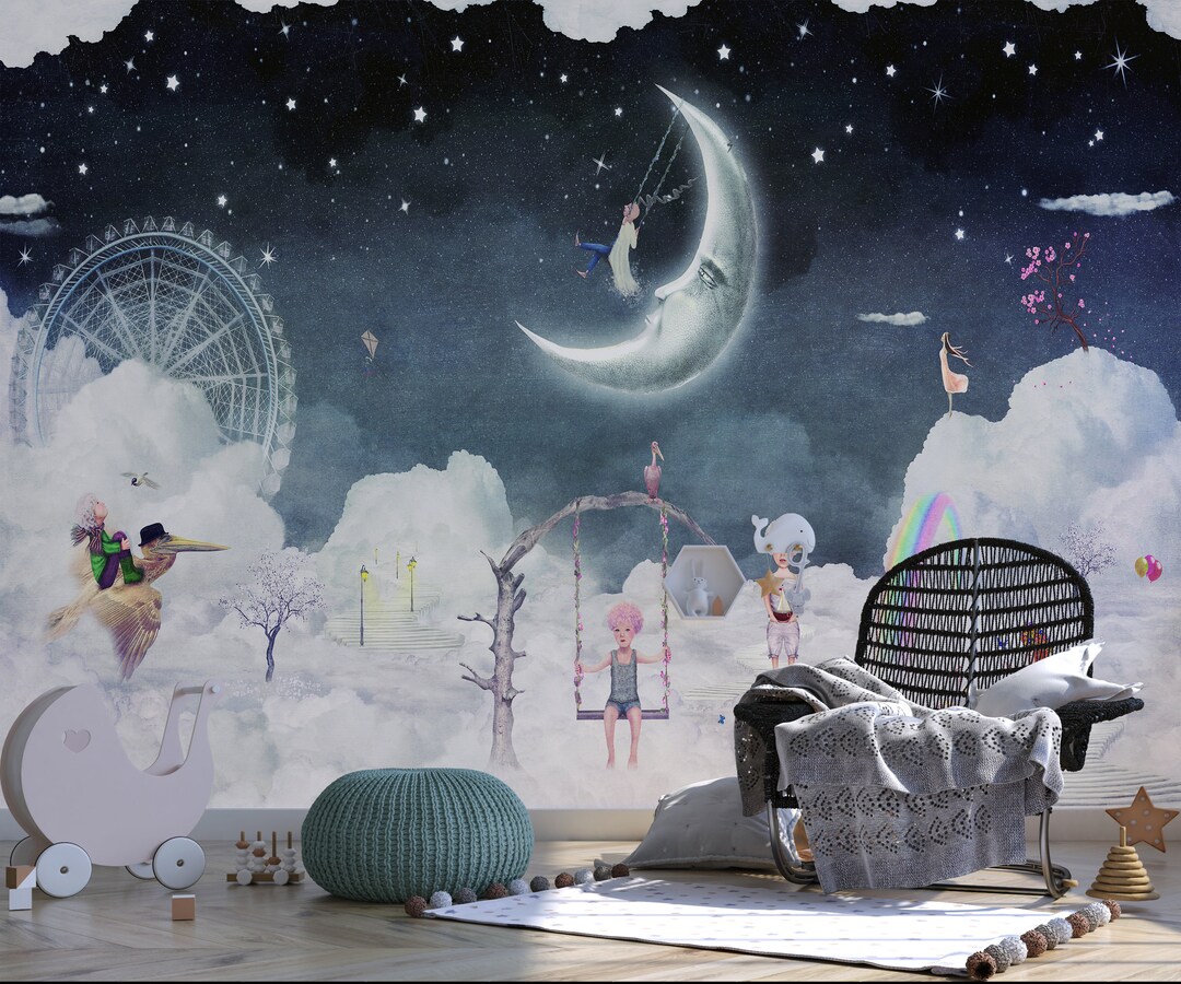Night Sky Wallpaper for Kids Room Watercolor Moon and Stars Wallpaper ...