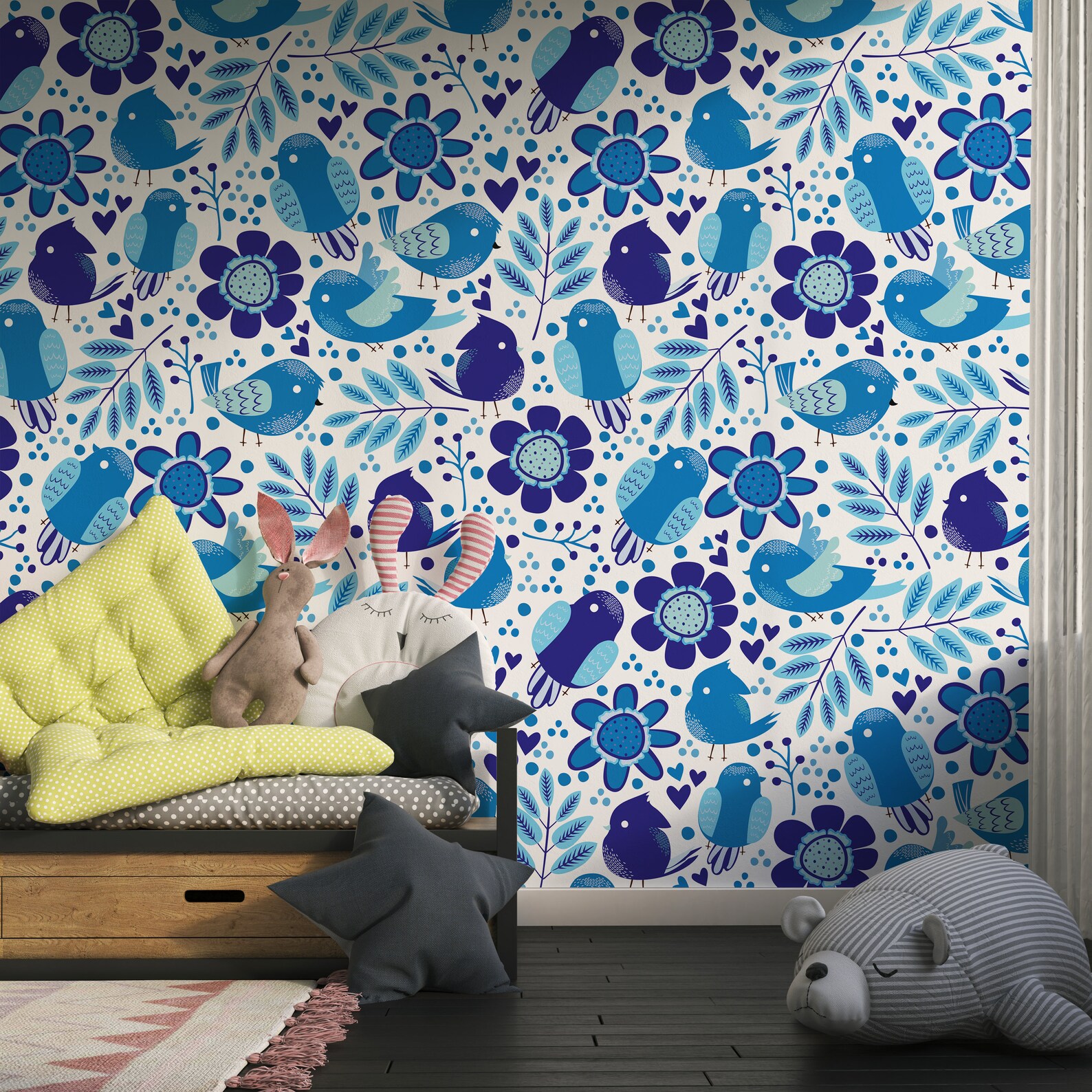 Cartoon Birds Wallpaper for Kids Room Blue Birds Wallpaper Nursery ...