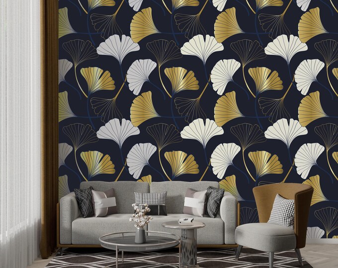 Dark Blue Wallpaper, Gold Color Twigs Wallpaper, Vintage Navy Wallpaper ...