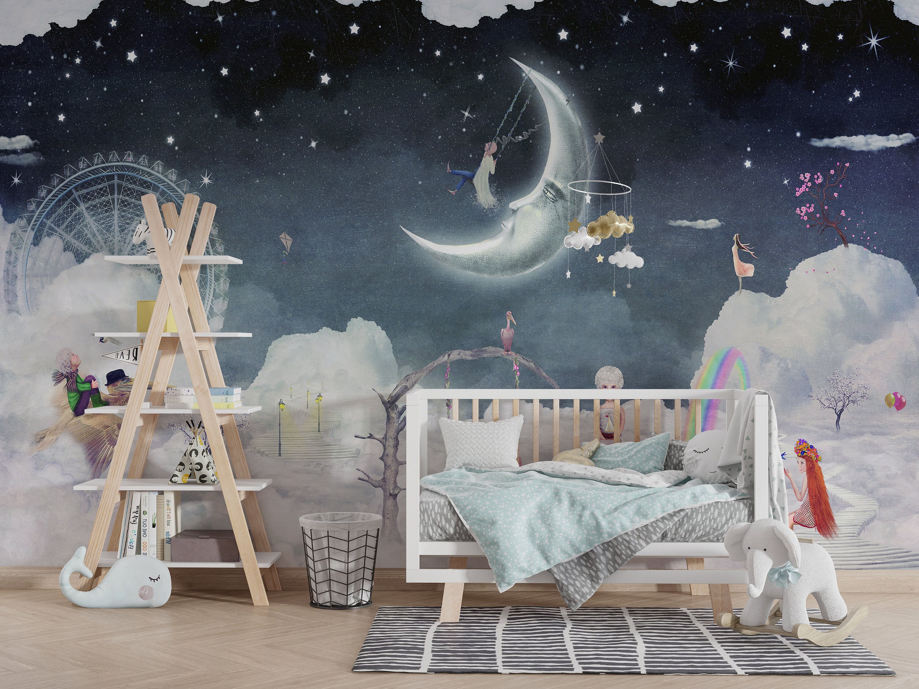Night Sky Wallpaper for Kids Room Watercolor Moon and Stars Wallpaper ...