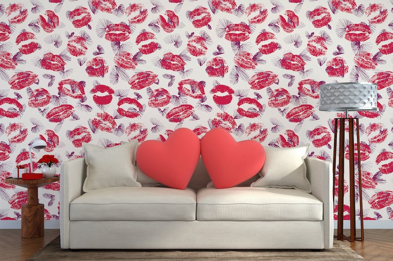 Red Kisses Wallpaper for Living Room Red Lips Pattern Wallpaper Pink ...