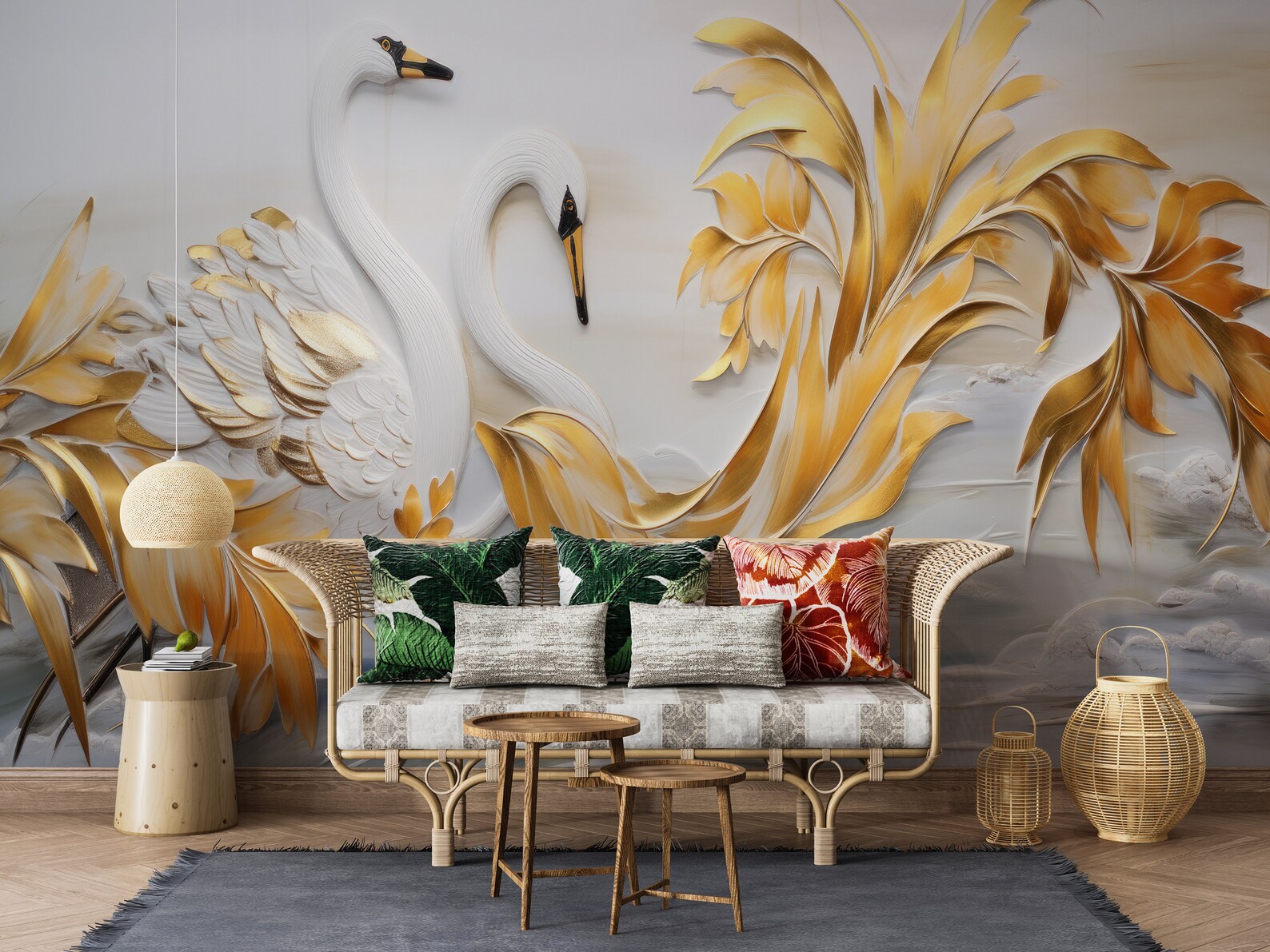 Swans Wall Art for Living Room Gold Luxurious Wallpaper Gold Detailed ...