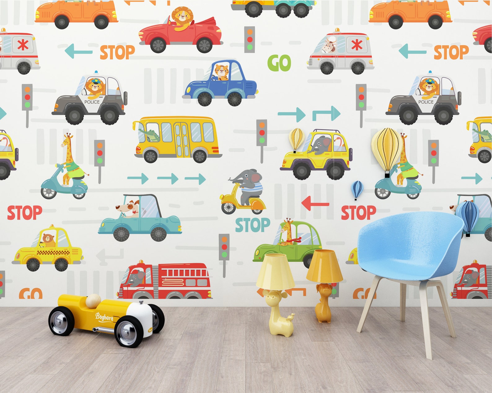 Car Wallpaper for Kids Room Colorful Wallpaper Vehicles Nursery Custom ...